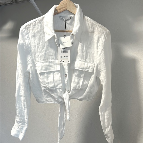 Zara | Tops | Zara White Long Sleeve Tiefront Crop Shirt | Poshmark
